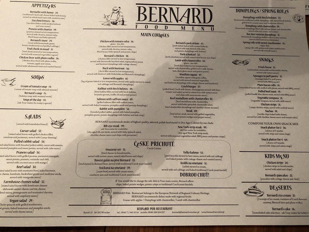 Menu at Bernard pub & bar, Wrocław