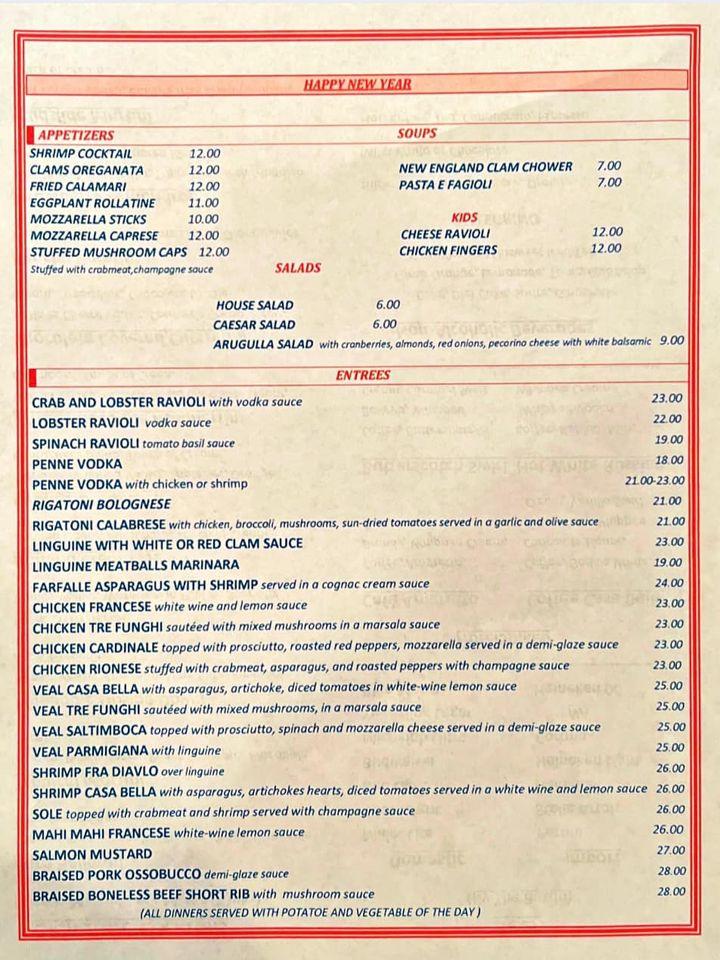 Menu at Casa Bella restaurant, Scranton