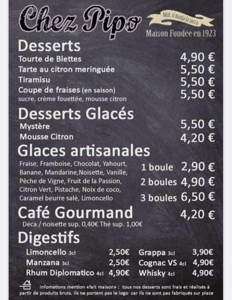 Menu at Chez Pipo restaurant, Nice, 13 Rue Bavastro