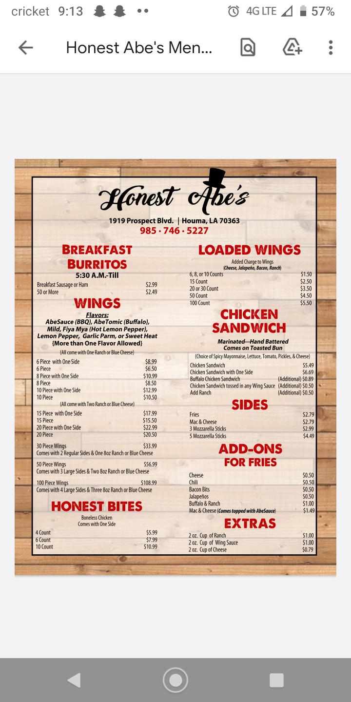 Menu at Honest Abe's restaurant, Houma