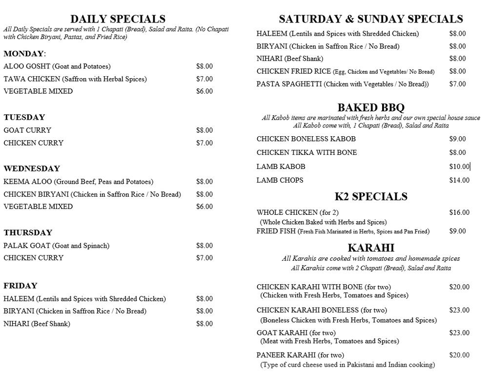 Menu at K2 Karahi, Burtonsville