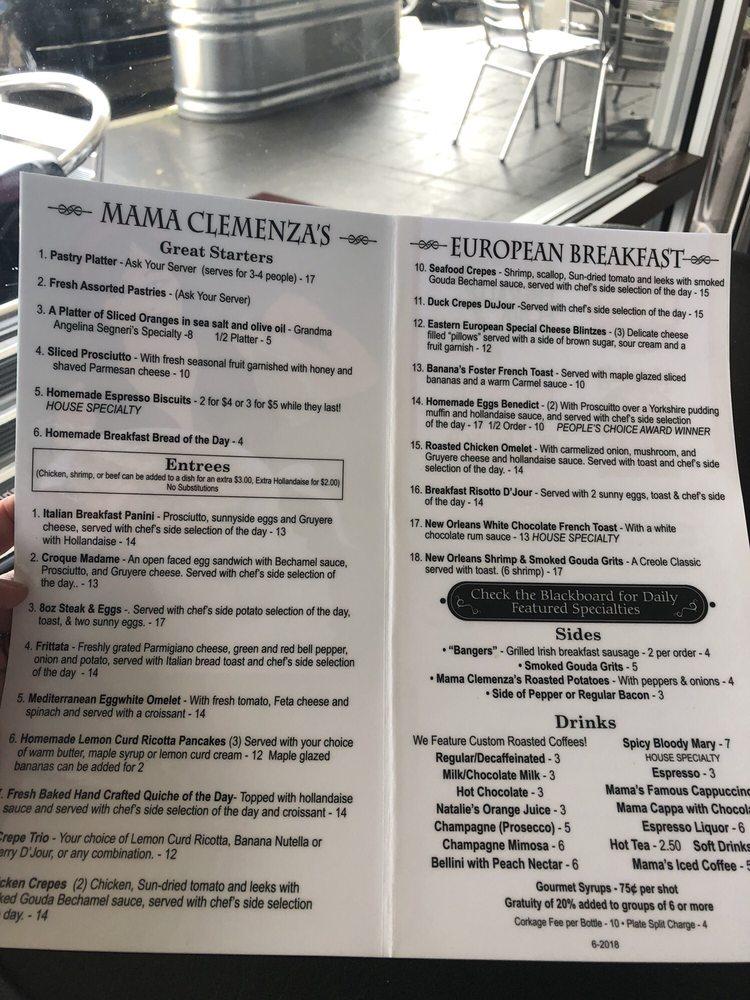 Menu at Mama Clemenza’s European Breakfast restaurant, Miramar Beach, US-98