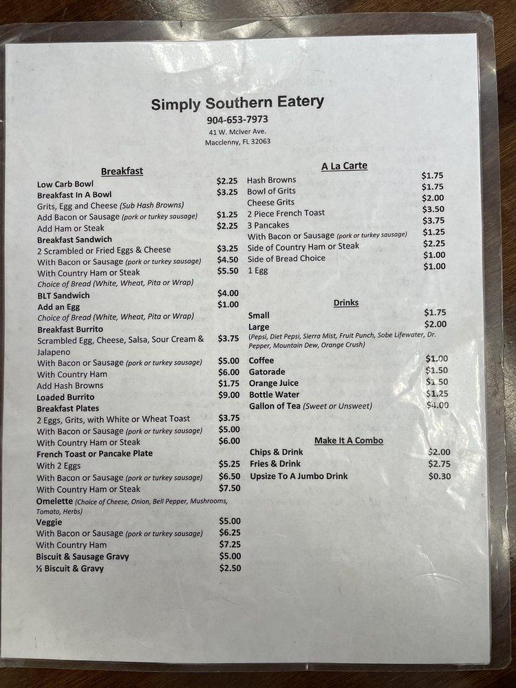 Menu at Simply Southern Eatery restaurant, Macclenny