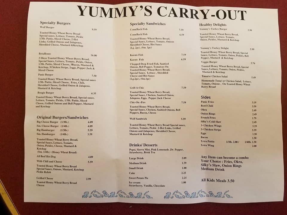 Menu at Yummy's Carry-Out restaurant, Wichita