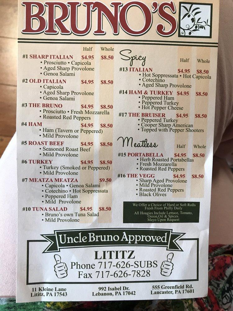Menu at Bruno's of Lititz restaurant, Lititz