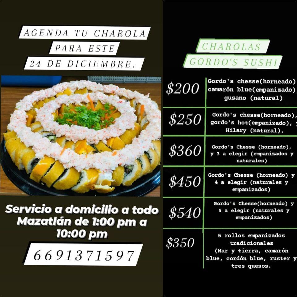 Menu at Gordos Sushi restaurant, Mazatlán, P.º Arboledas 496