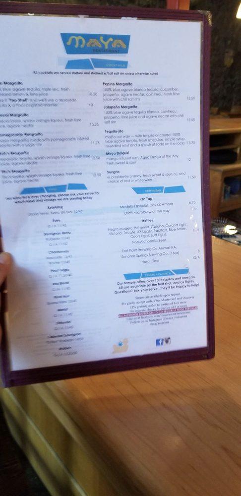 Menu at Maya Restaurant, Sonoma