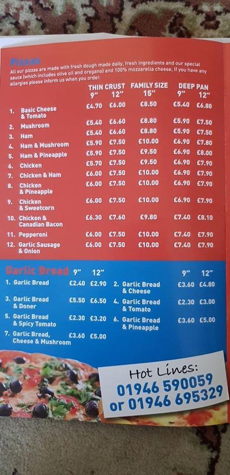 Menu at Moji's Pizza pizzeria, Whitehaven