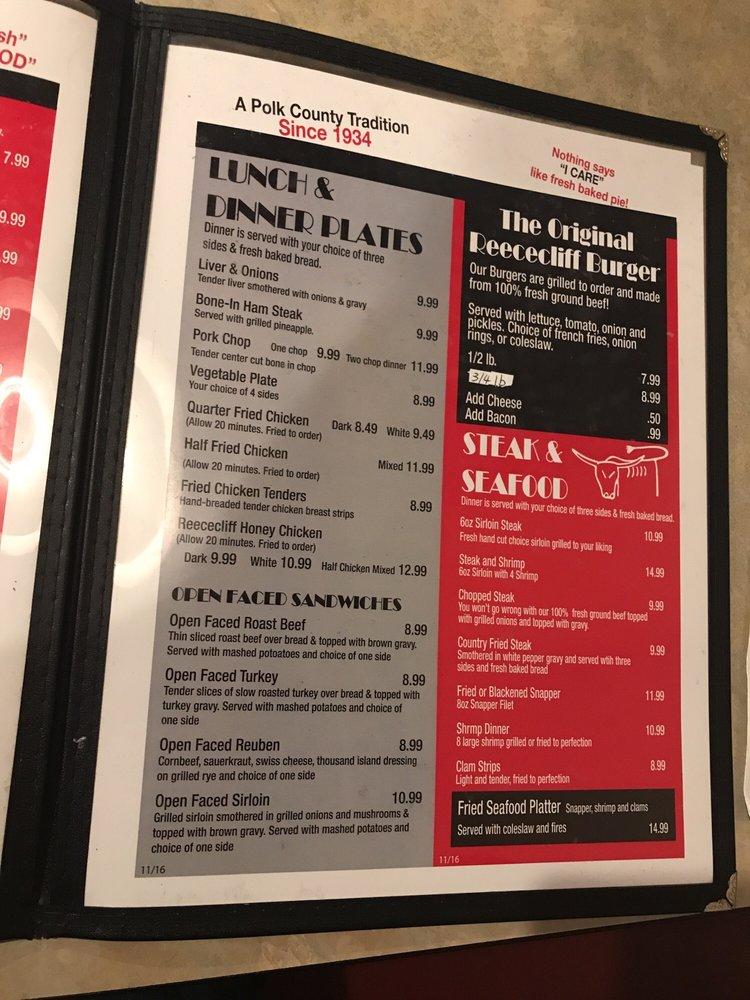 Menu at Reececliff Family Diner restaurant, Lakeland, 940 Florida Ave S