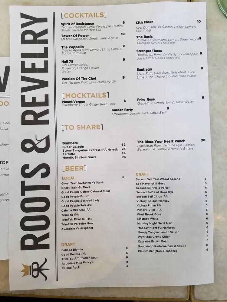 Menu at Roots & Revelry pub & bar, Birmingham
