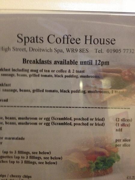 Menu at Spats Coffee House, Droitwich Spa