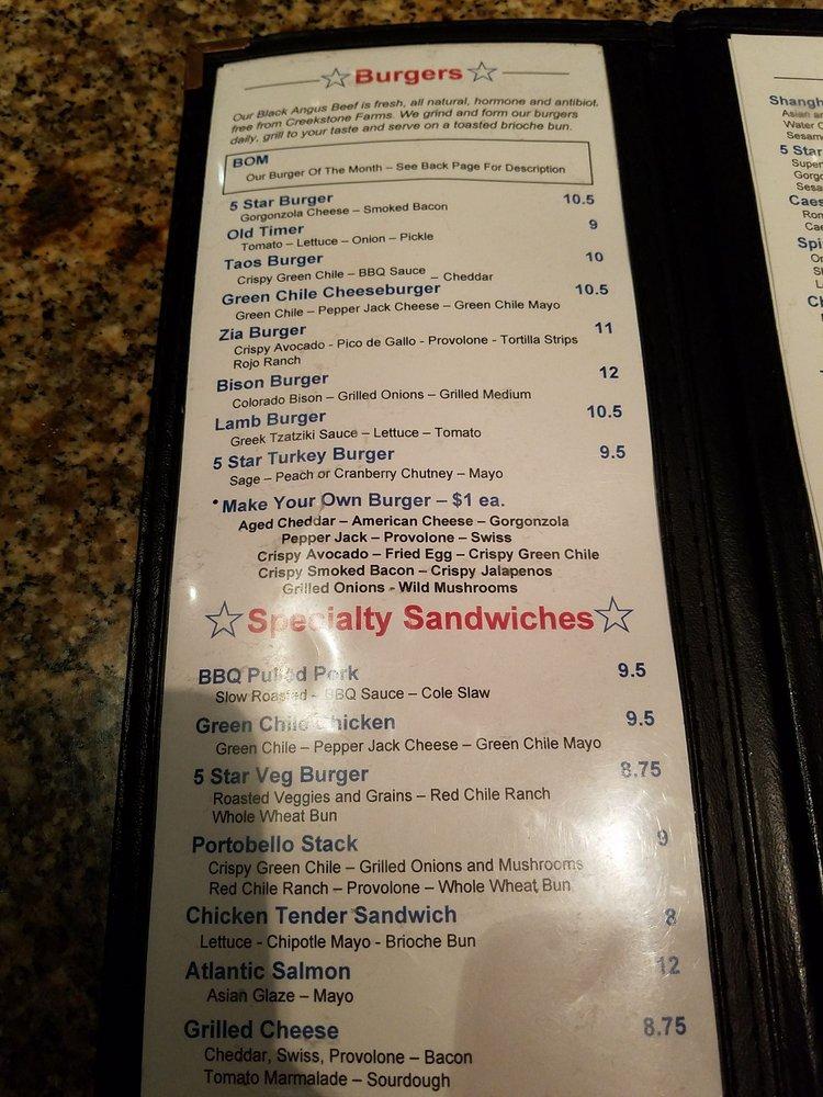 Menu at 5 Star Burgers restaurant, Taos, Paseo Del Pueblo Sur
