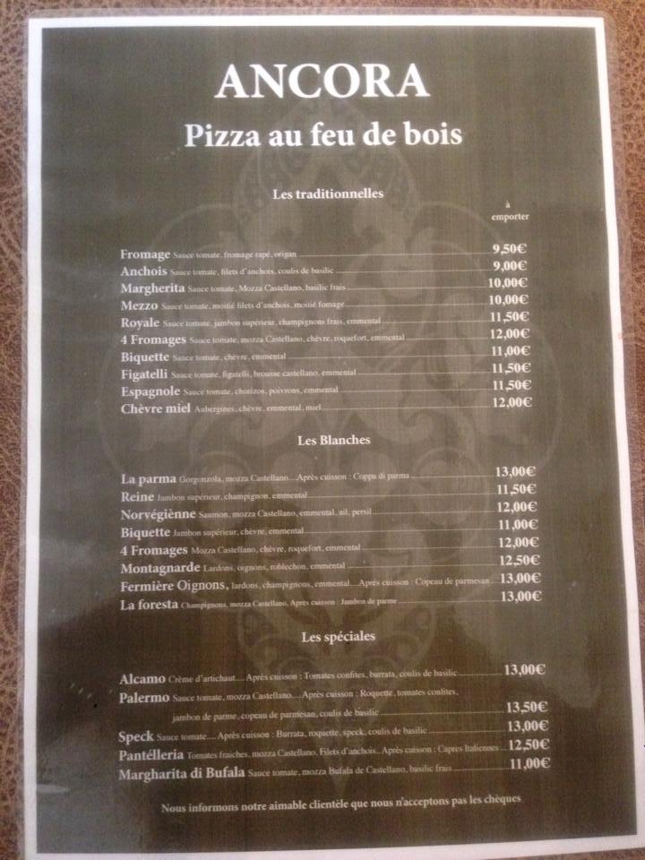 Menu at Ancora pizzeria, Le Tholonet