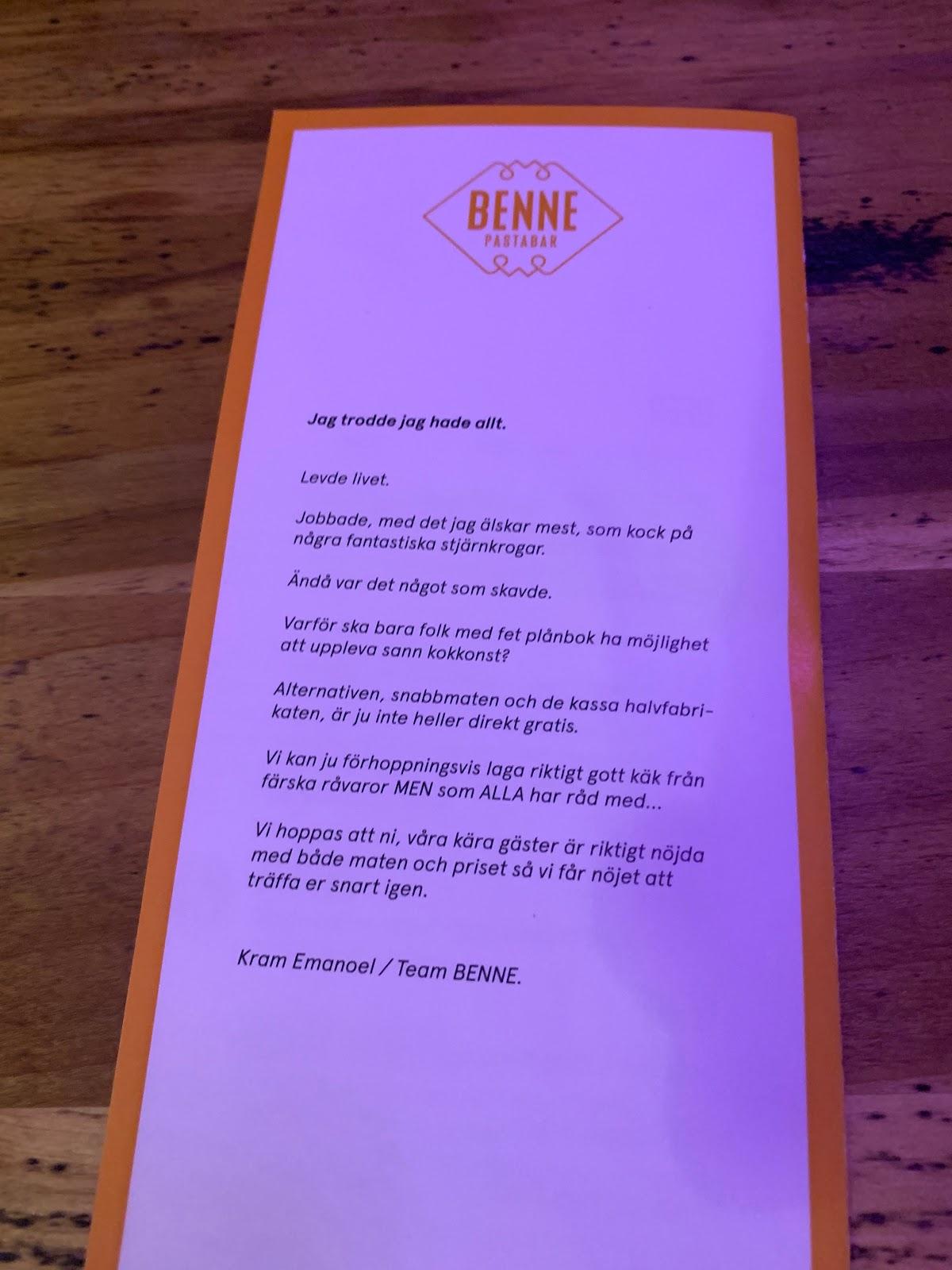 Carta del restaurante BENNE Kvillebäcken, Gotemburgo