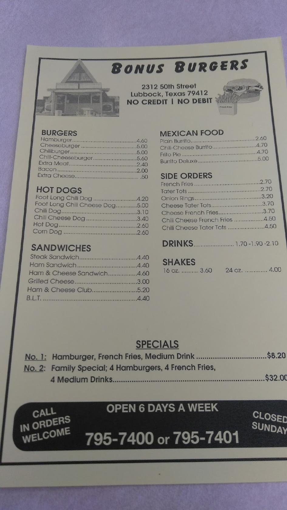 Menu at Bonus Burger restaurant, Lubbock