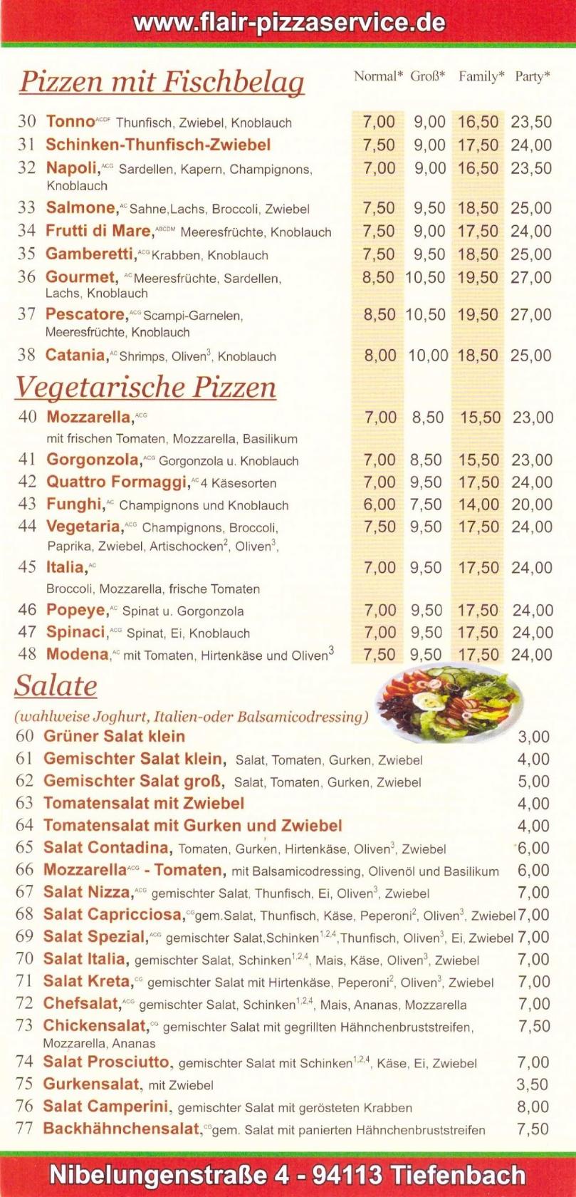 Speisekarte von Flair Pizza Service, Deutschland
