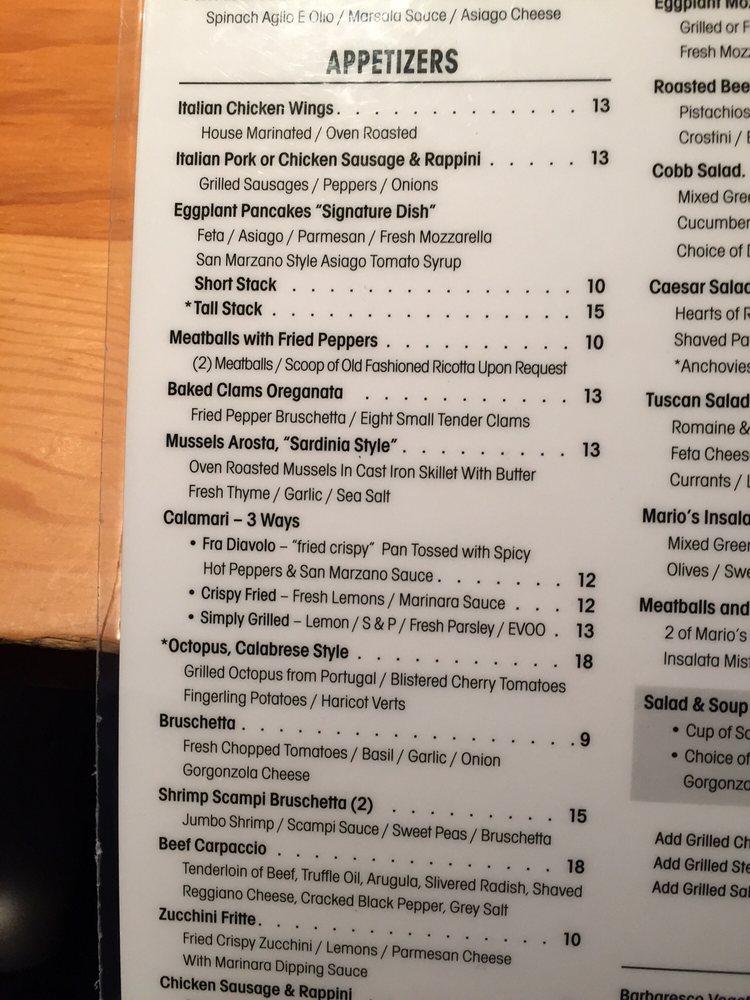 Menu at Mario's Osteria pizzeria, Boca Raton