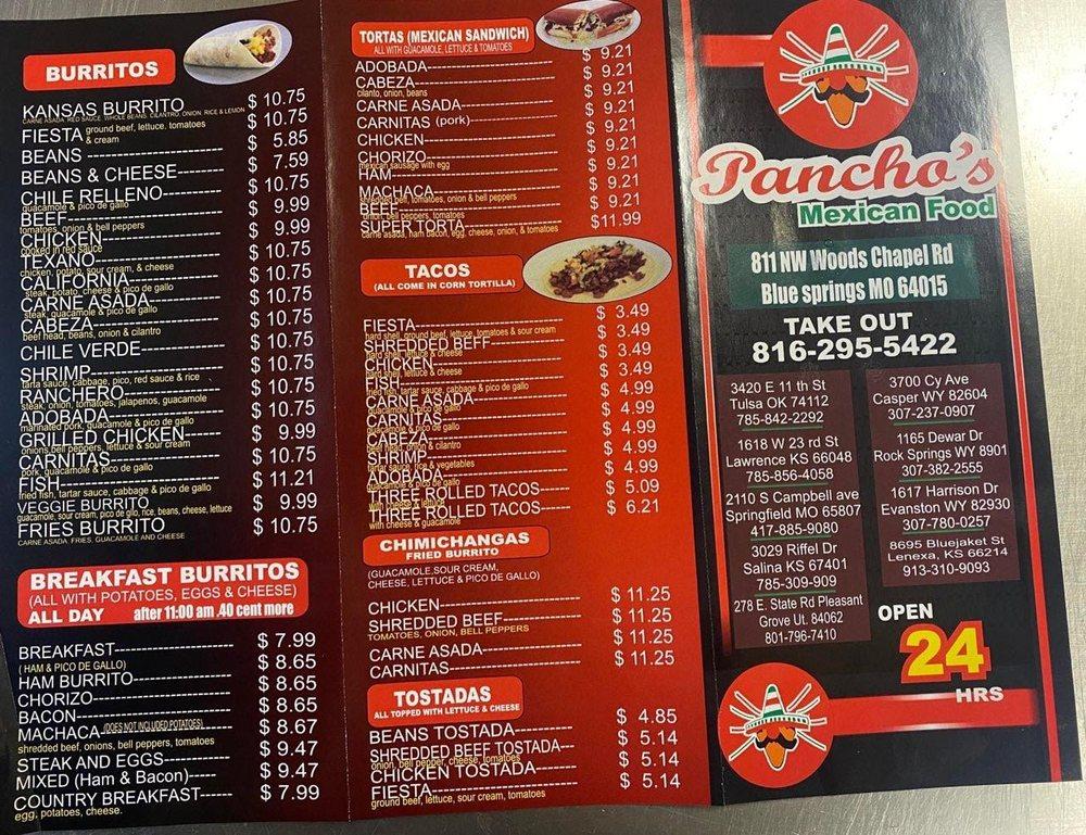 Menu at Pancho's Mexican Food restaurant, Lake Tapawingo, 811 NW Woods ...