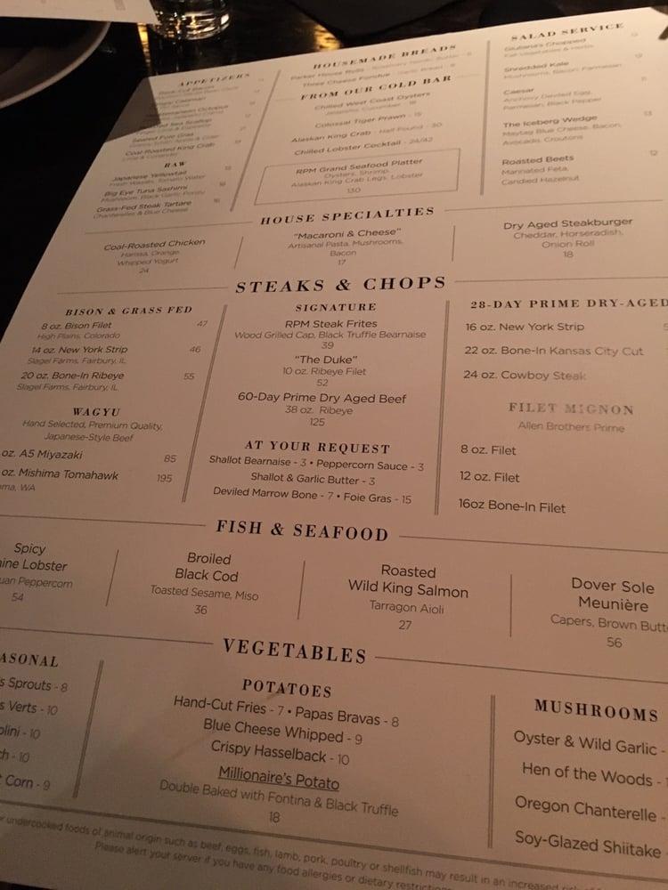 Menu at RPM Steak pub & bar, Chicago
