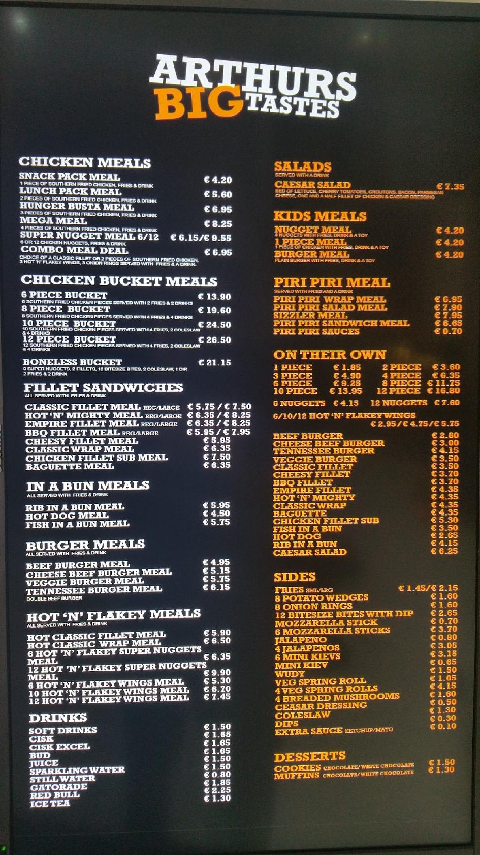 Menu au SFC Southern Fried Chicken restaurant, Il-Mellieħa