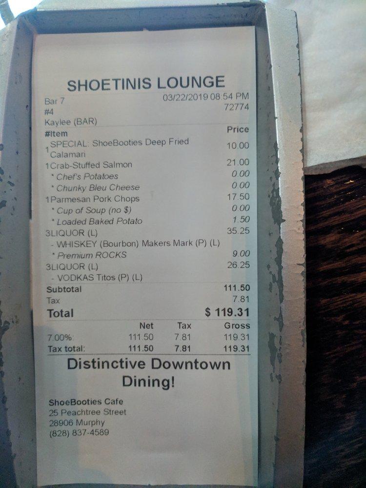 Menu at ShoeBooties Cafe, Murphy