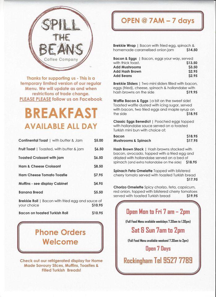 Menu at Spill the Beans @ Palm Beach Jetty cafe, Rockingham