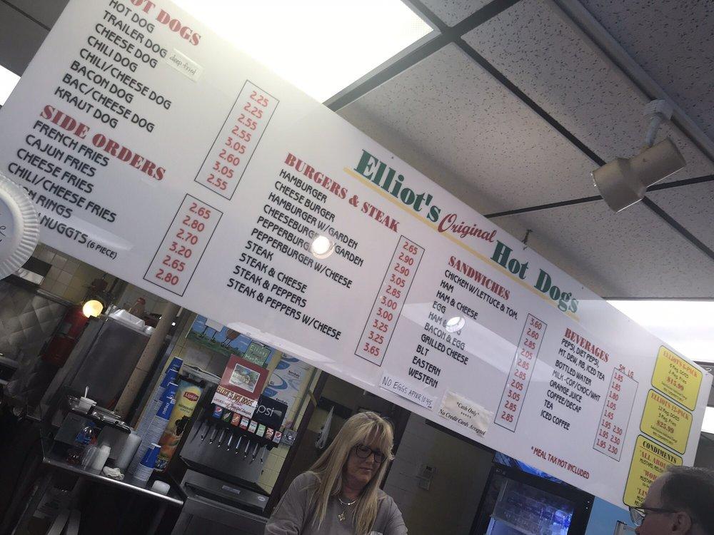 Menu at Elliot's Hot Dogs fast food, Lowell