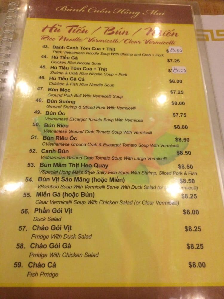 Menu at Hồng Mai Restaurant, Westminster, Bolsa Ave suite 113 & 114