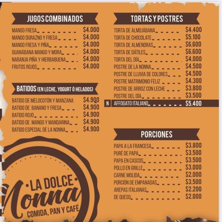 Carta del café La Dolce Nonna, Paipa