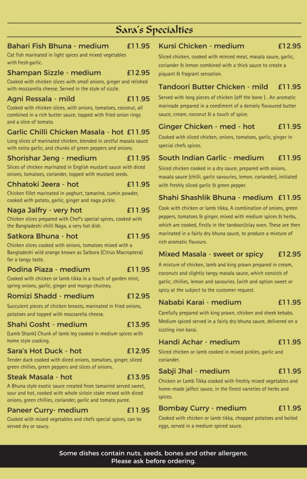 Menu at Sara's Indian restaurant, Coniston