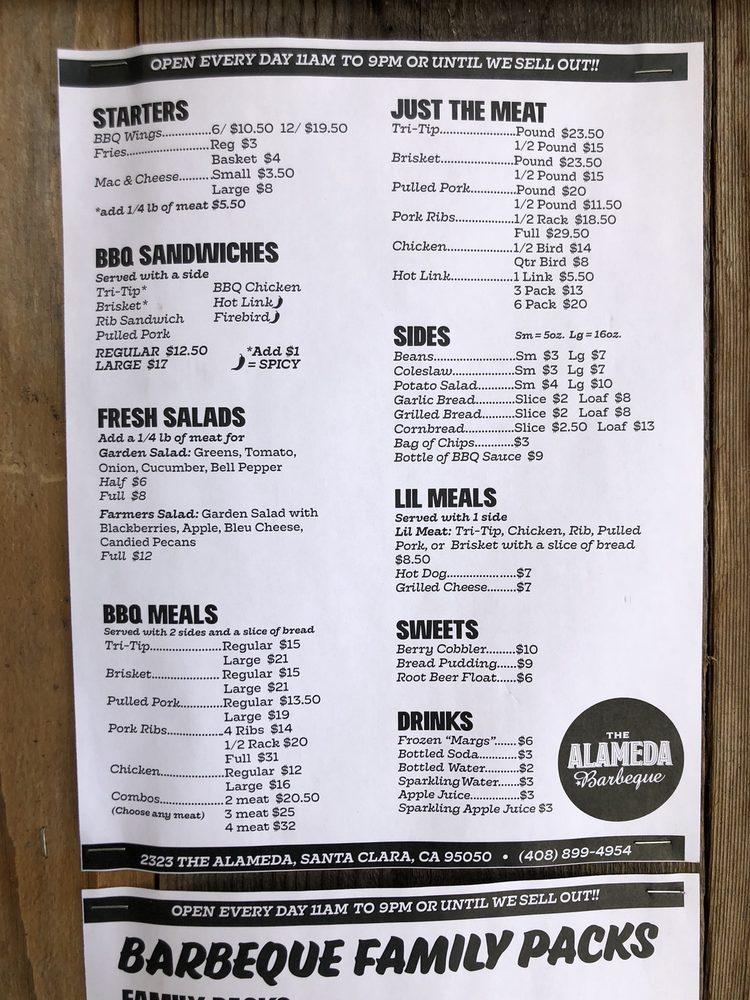 Menu at The Alameda Barbecue, Santa Clara