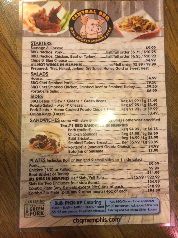 Menu at Central BBQ - Downtown, Memphis, 147 E Butler Ave