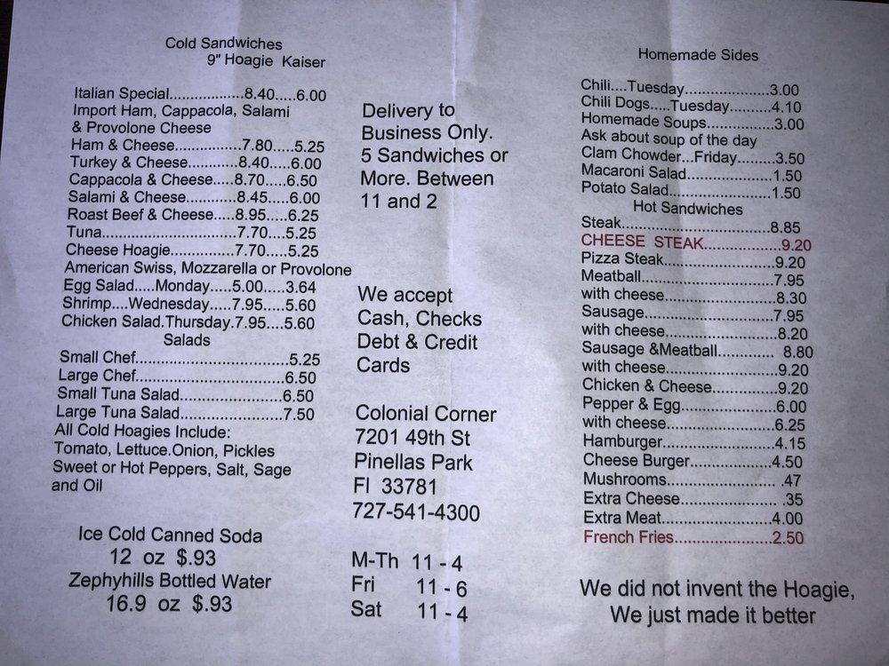 Menu at Colonial Corner Hoagie Shop restaurant, Pinellas Park