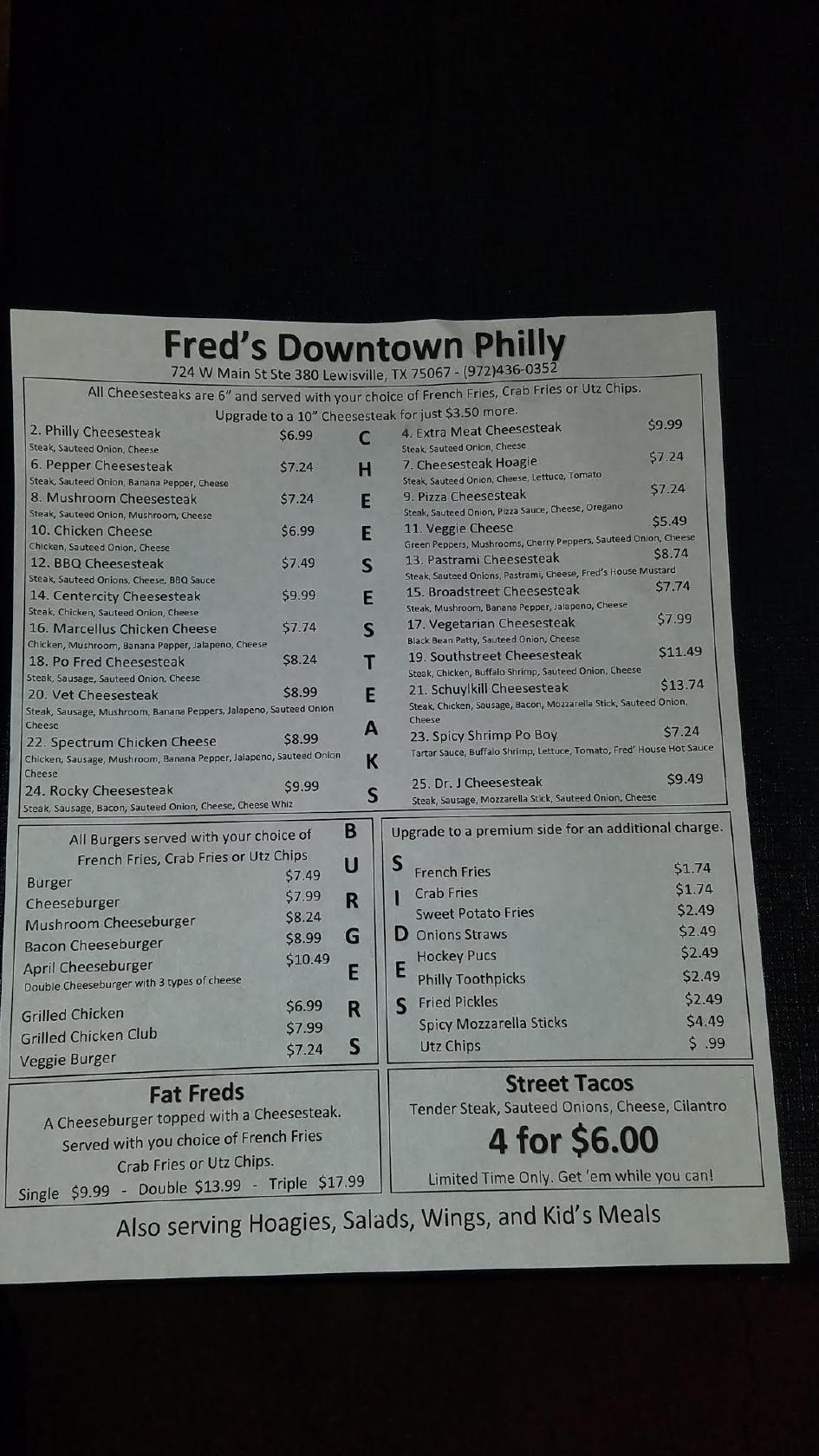 Menu at Fred’s Downtown Philly Cheesesteaks restaurant, Lewisville