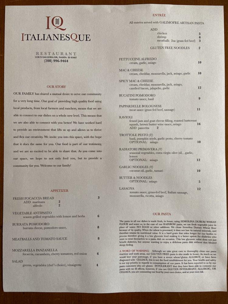 Menu at Italianesque restaurant, Nampa