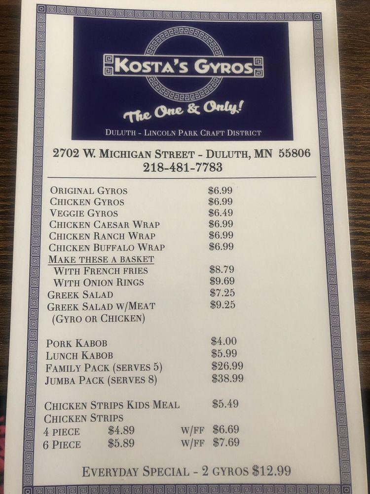 Menu at Kostas Gyros restaurant, Superior, 809 Tower Ave