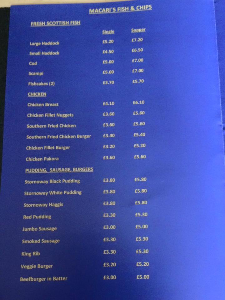 Menu at Macari's restaurant, Fort William