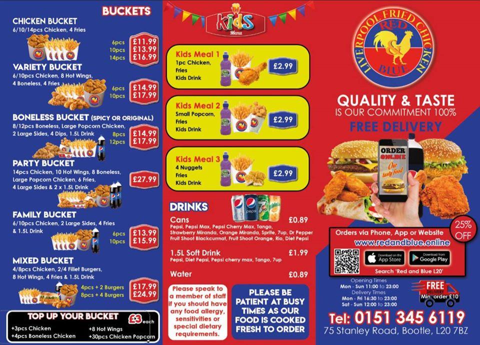 Menu at Red & Blue Fried Chicken fast food, Bootle
