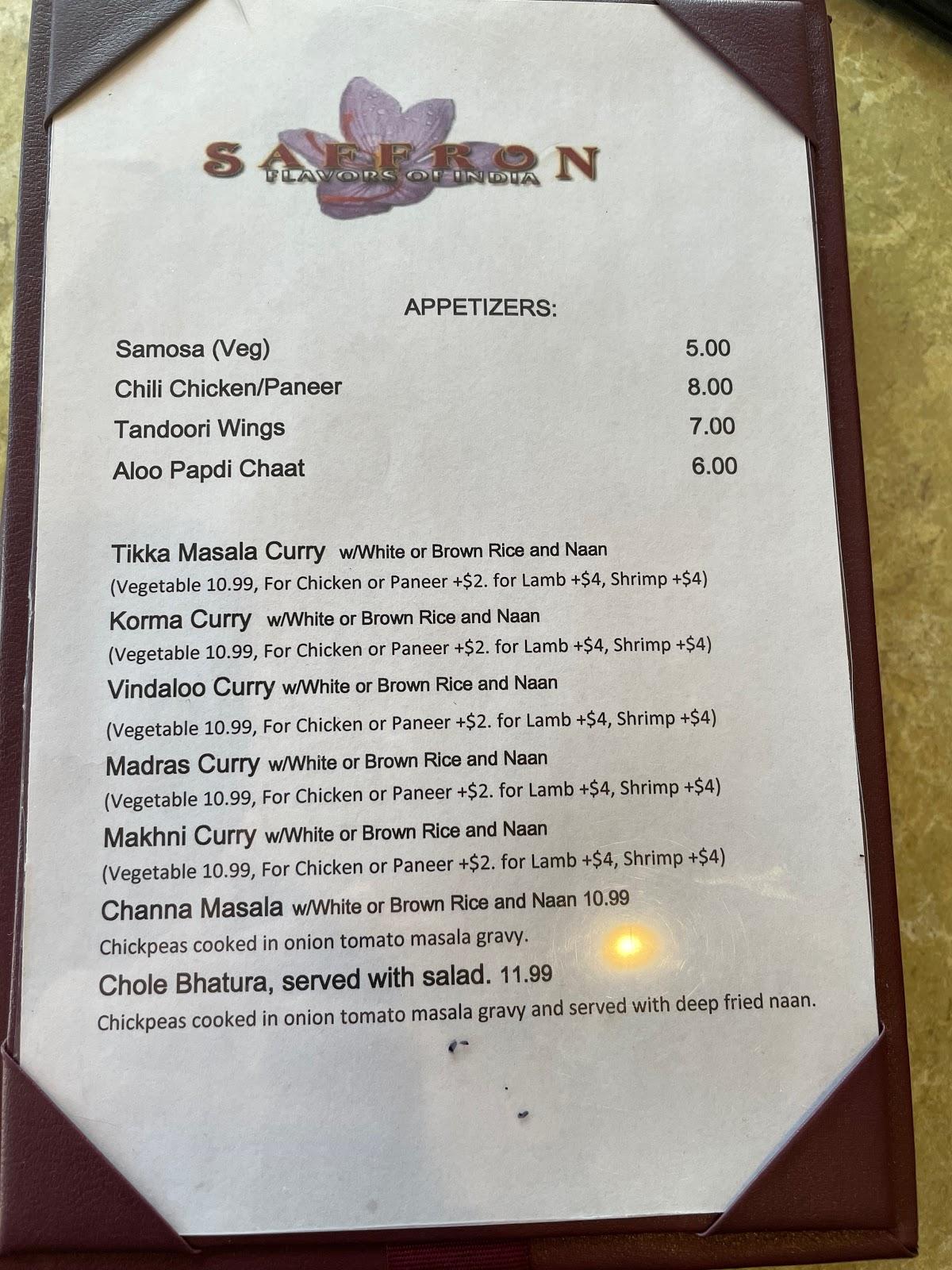 Menu at Saffron Flavors of India restaurant, Las Vegas, N Tenaya Way