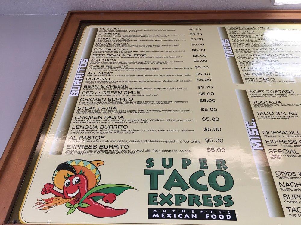 Menu at Super Taco Express restaurant, Vancouver