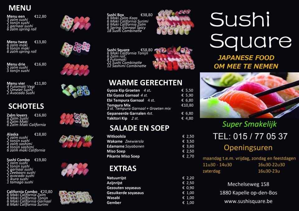 Menu at Sushi Square, Kapelle-op-den-Bos, Mechelseweg 158