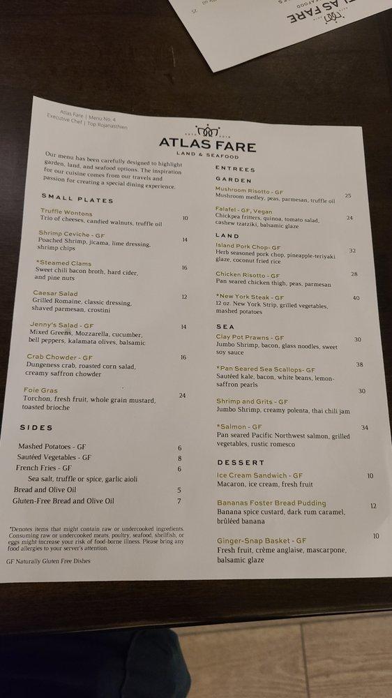 Menu at Atlas Fare restaurant, Wenatchee