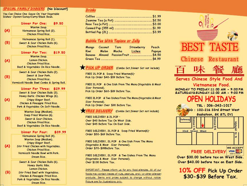Menu at BEST TASTE Chinese Restaurant, Saskatoon