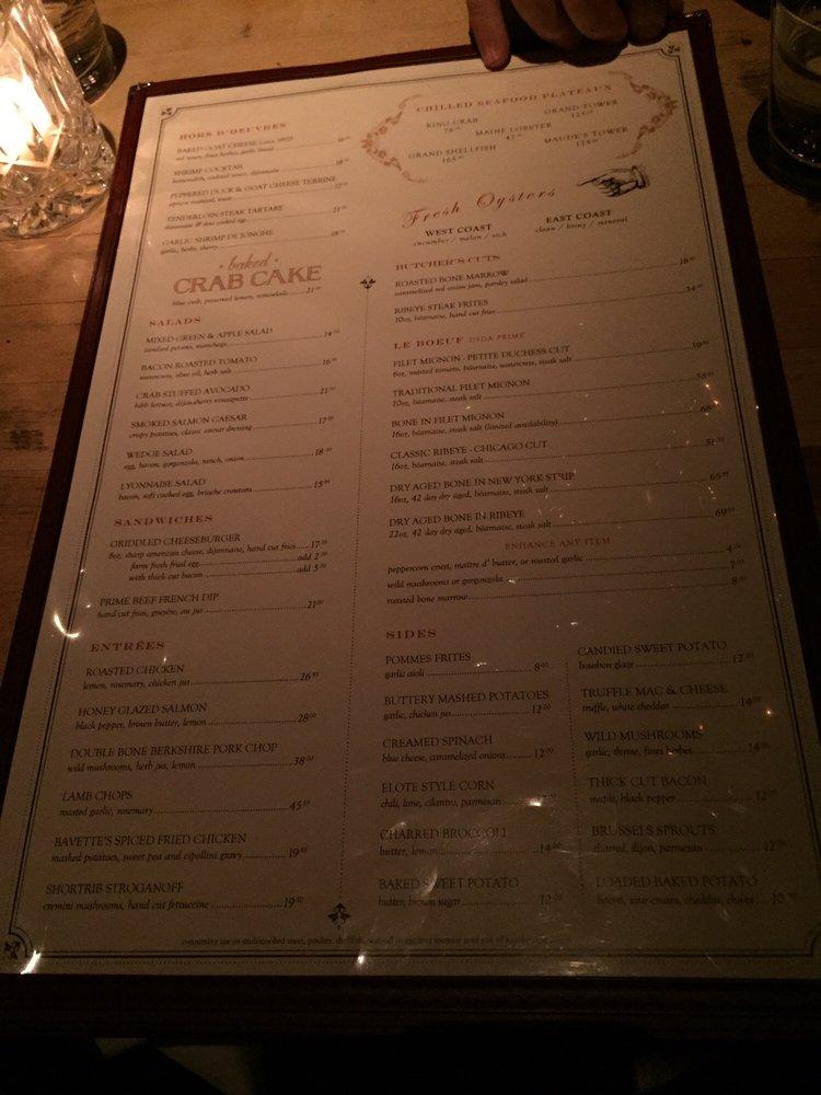 Menu at Bavette's Bar & Boeuf, Chicago