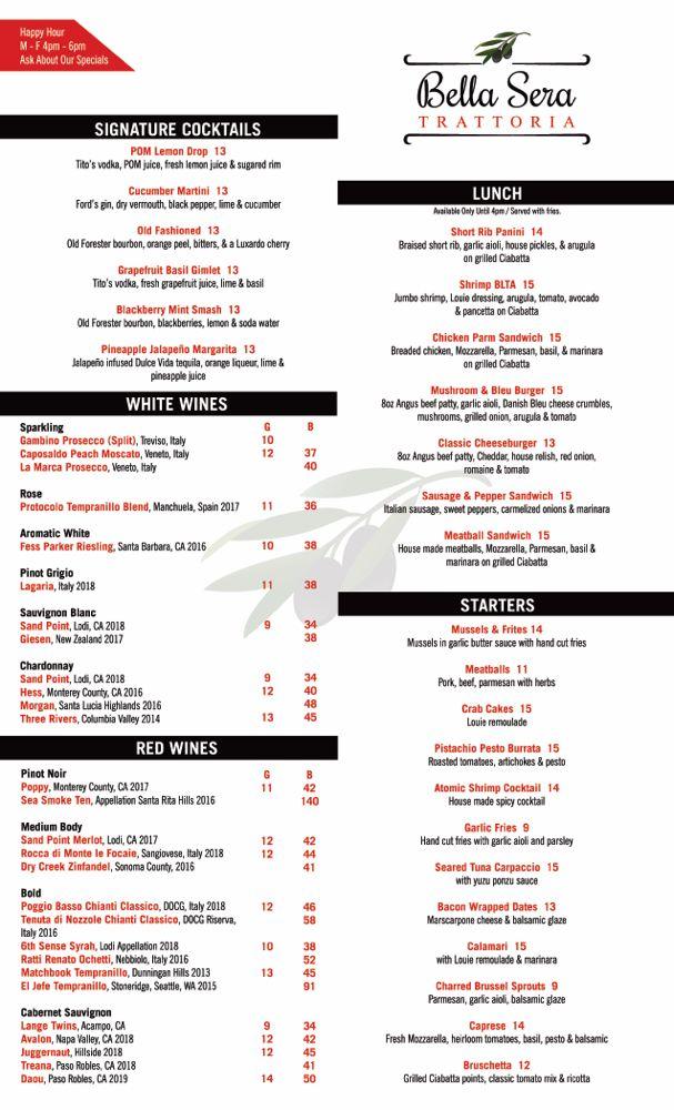 Menu at Bella Sera Trattoria pub & bar, Monrovia