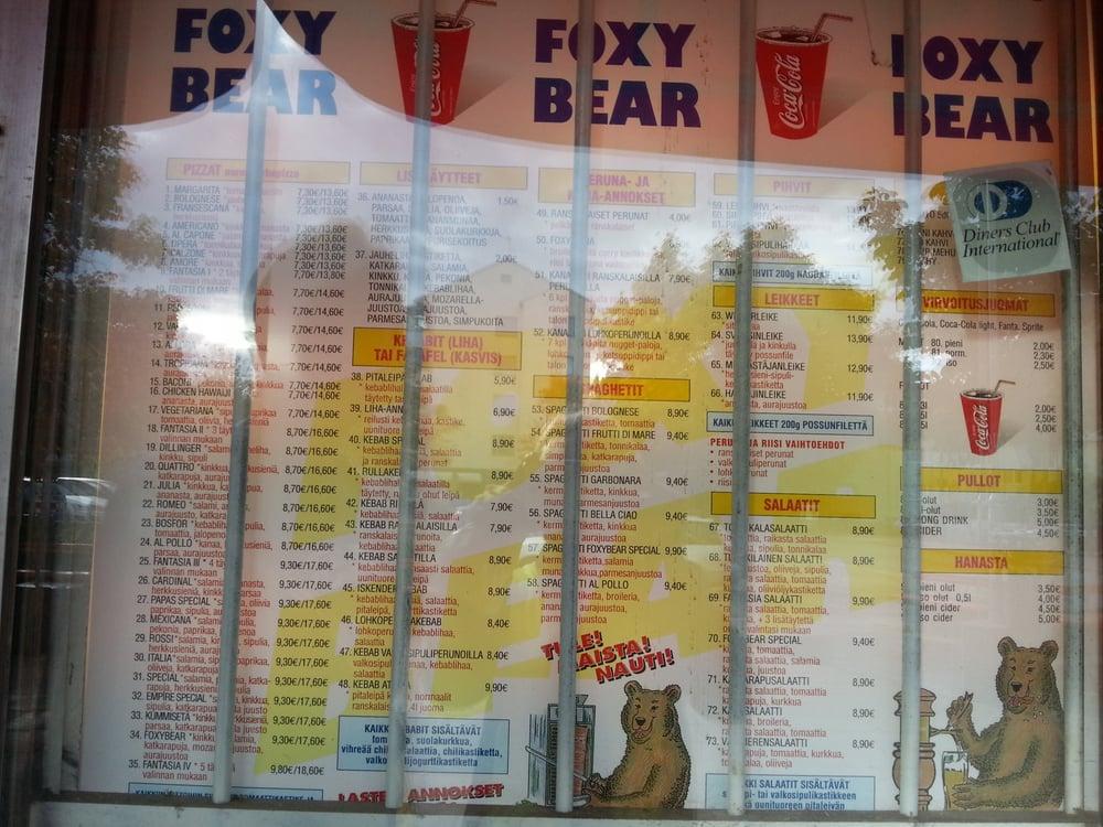 Menu at Foxy Bear pizzeria, Helsinki