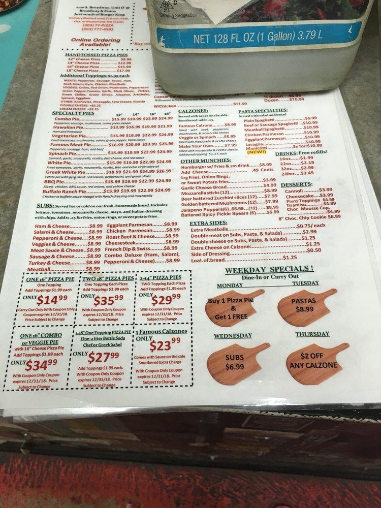 Menu at Joyce's Famous Pizza pizzeria, Denver