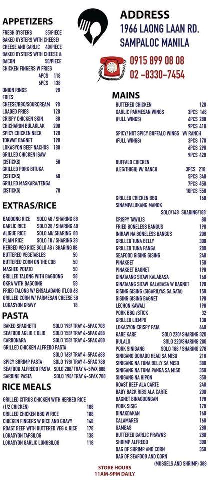 Menu at Lokasyon MNL restaurant, Manila