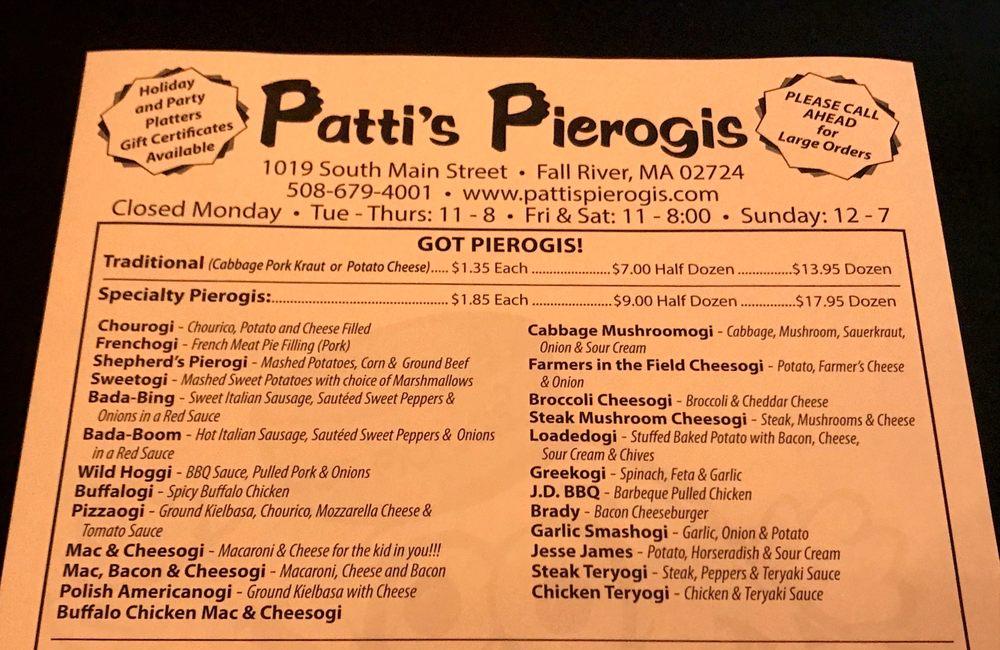 Menu at Patti's Pierogis restaurant, Fall River