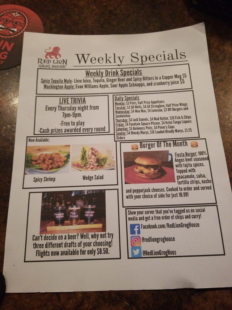 Menu at Red Lion Grog House pub & bar, Indianapolis